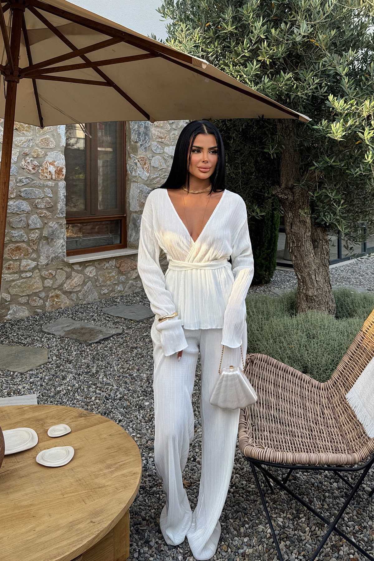 Beyaz Valerie Pantolonlu Takım ATE-1147 - Eyyo