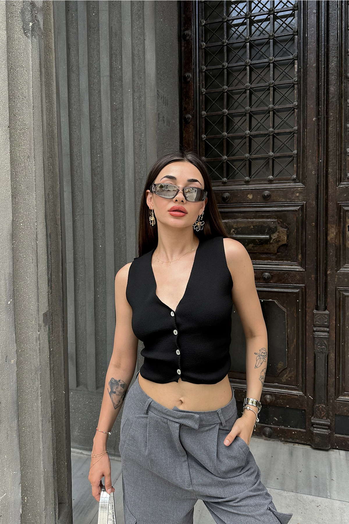 Siyah Düğme Detay Yelek ATE7425 - Eyyo