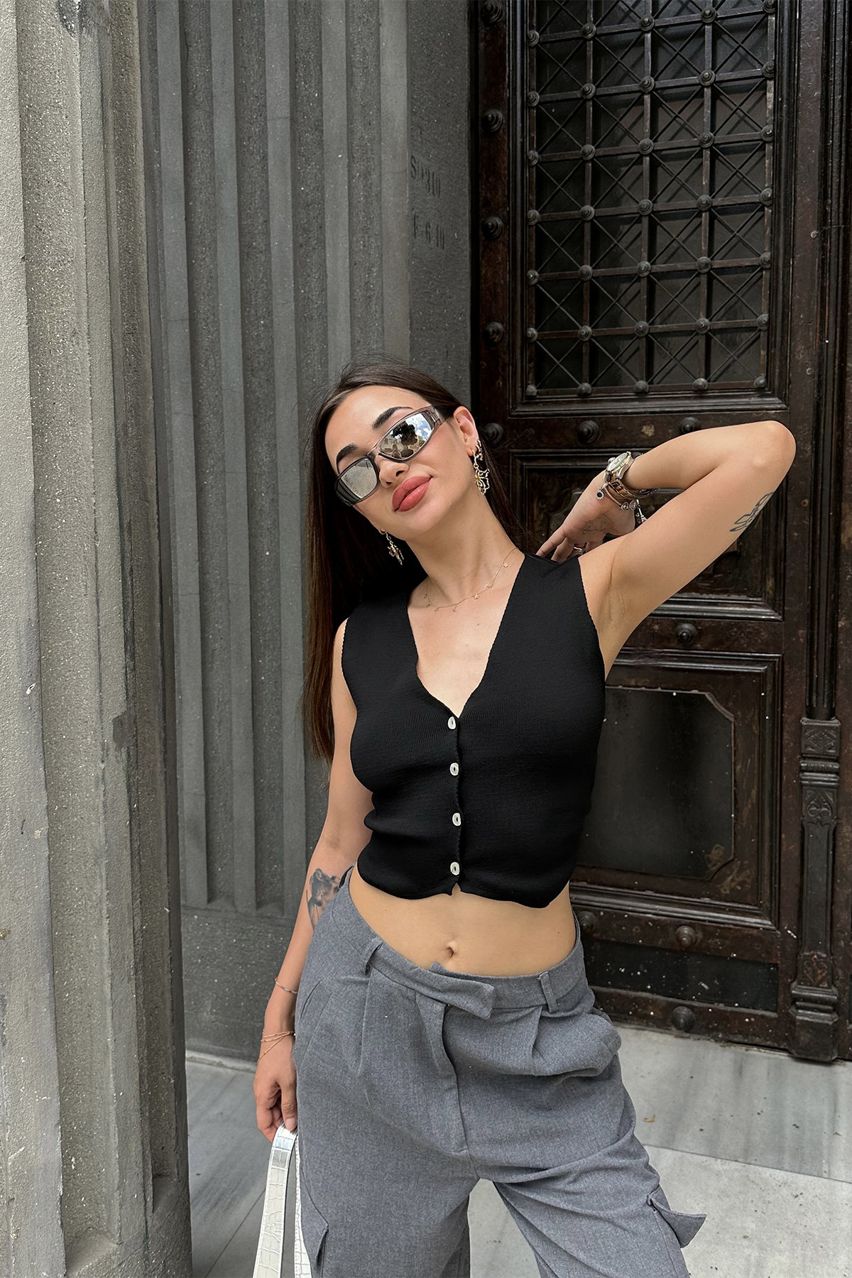 Siyah Düğme Detay Yelek ATE7425 - Eyyo